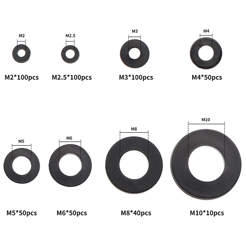 500pc Nylon Flat Washers Kit Thick Flat Sealing Black Plastic Washer M2 ...