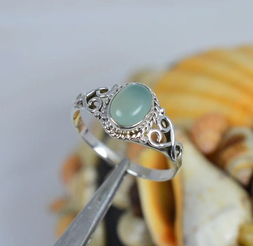 Solid 925 Sterling Silver Aqua Chalcedony Oval Handcrafted Ring Gift ...