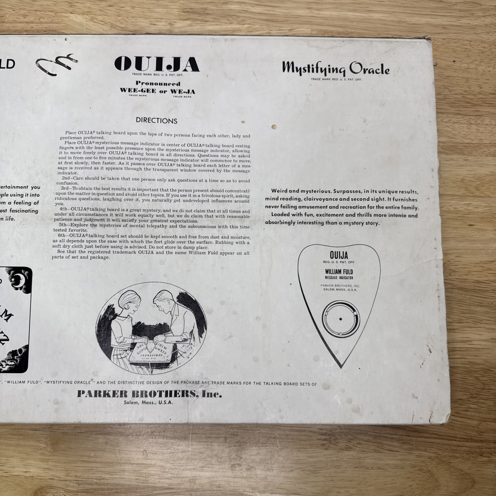 Vintage Ouija Board William Fuld Parker Bros Game Box Planchette Salem ...