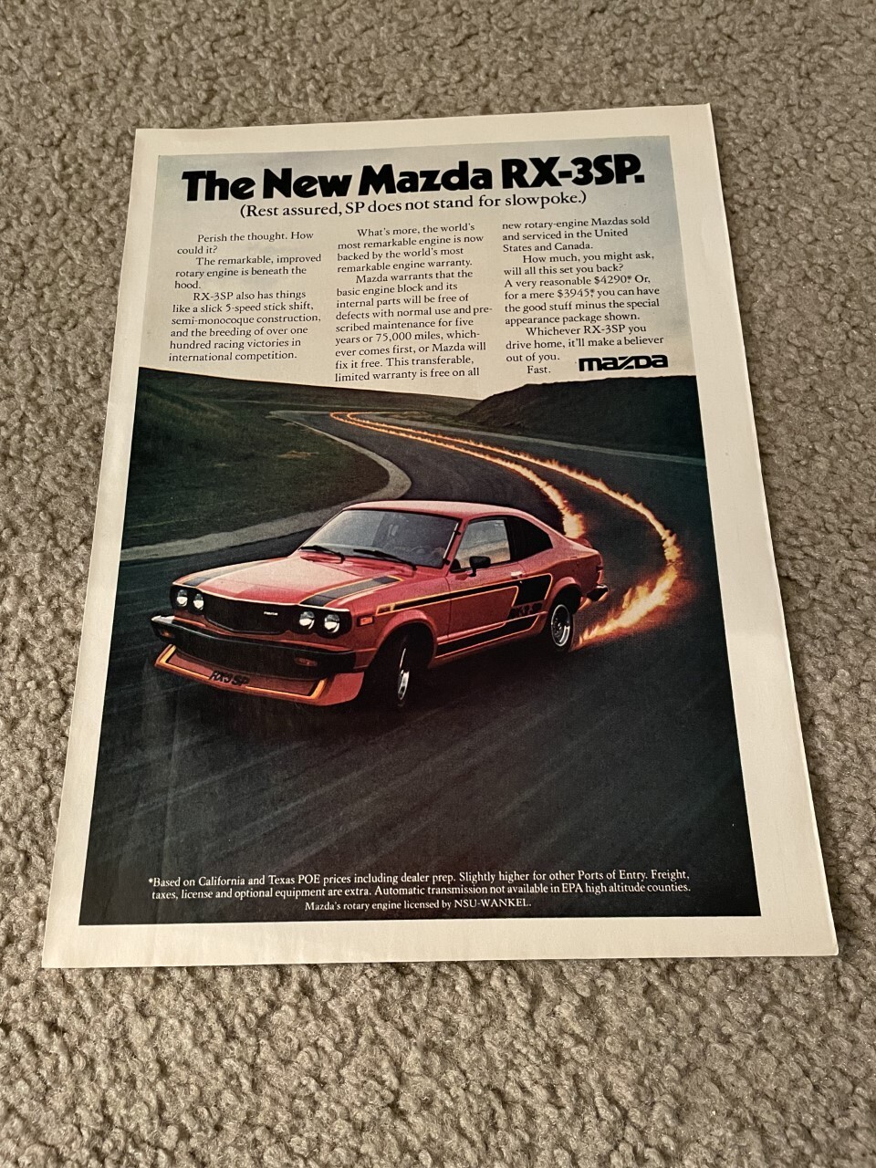 Vintage 1977 MAZDA RX-3SP Sports Car Print Ad RED 1970s "NOT STAND FOR ...