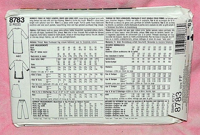 Pattern Simplicity # 8783 Size GG 26w to 32w Pants Tunic Vest Dress 2 ...