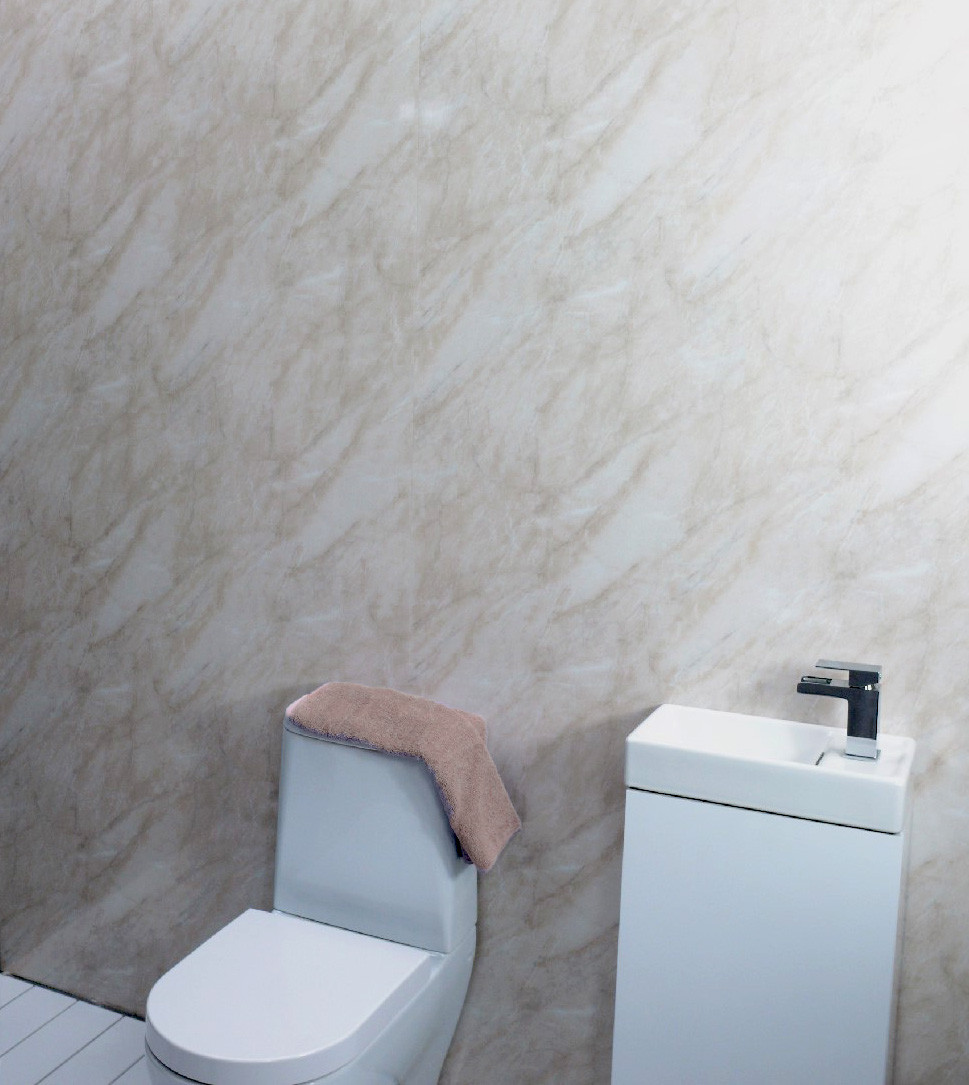 Beige Marble 1000mm Wide PVC Wall Panels & Chrome Trims Bathroom Shower ...
