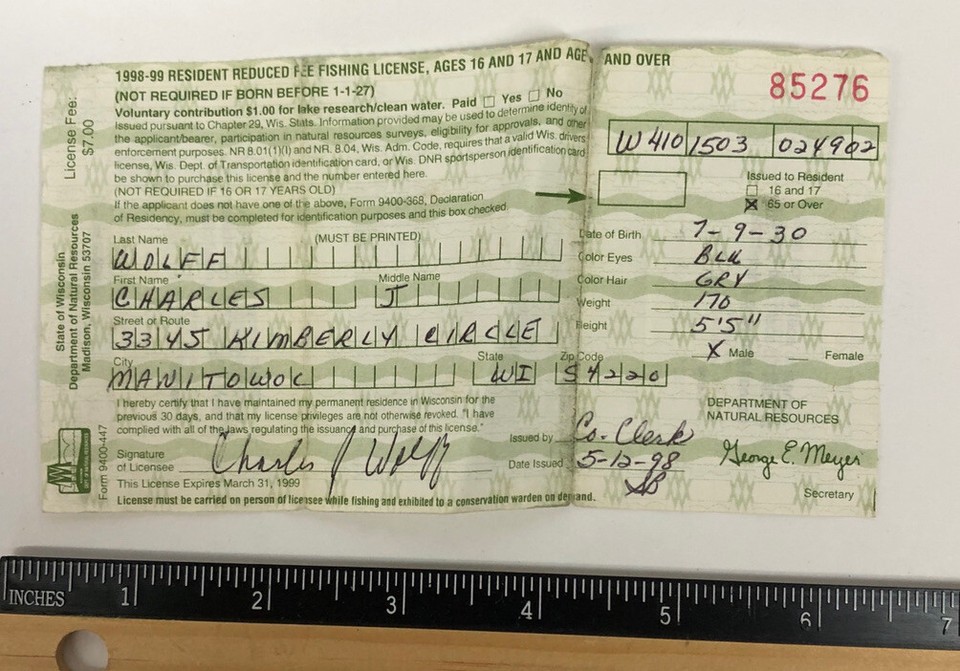 1998-99 Wisconsin Fishing License With Trout Stamps | eBay UK