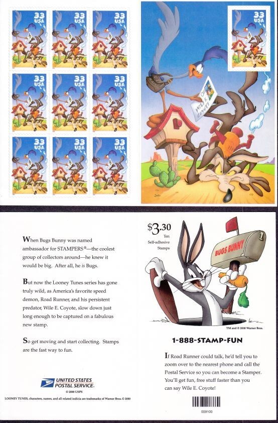 Roadrunner Coyote 2000 booklet MINT NH 33 cent Postage stamp WB #3391 ...