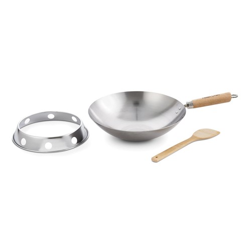 Round Bottom Wok Set, Carbon Steel and Bamboo, 12-Inches, 4-Piece Set ...