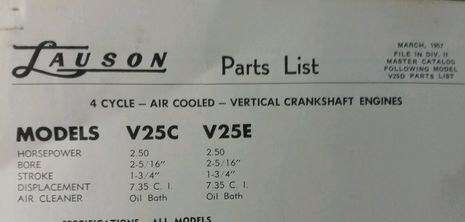 Lauson V25C V25E Vertical 4-Cycle Gasoline Engine Parts Manual Lawn ...