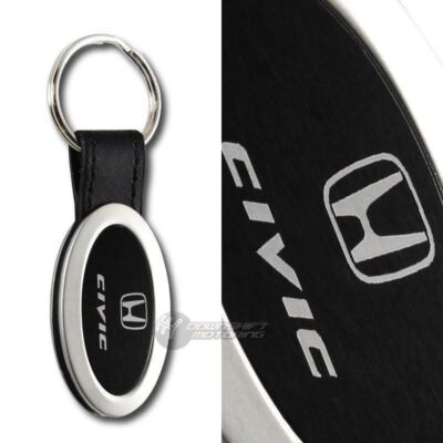 Honda Civic Logo Black Oval Leather Chrome Key Fob Keyring Tag Keychain ...