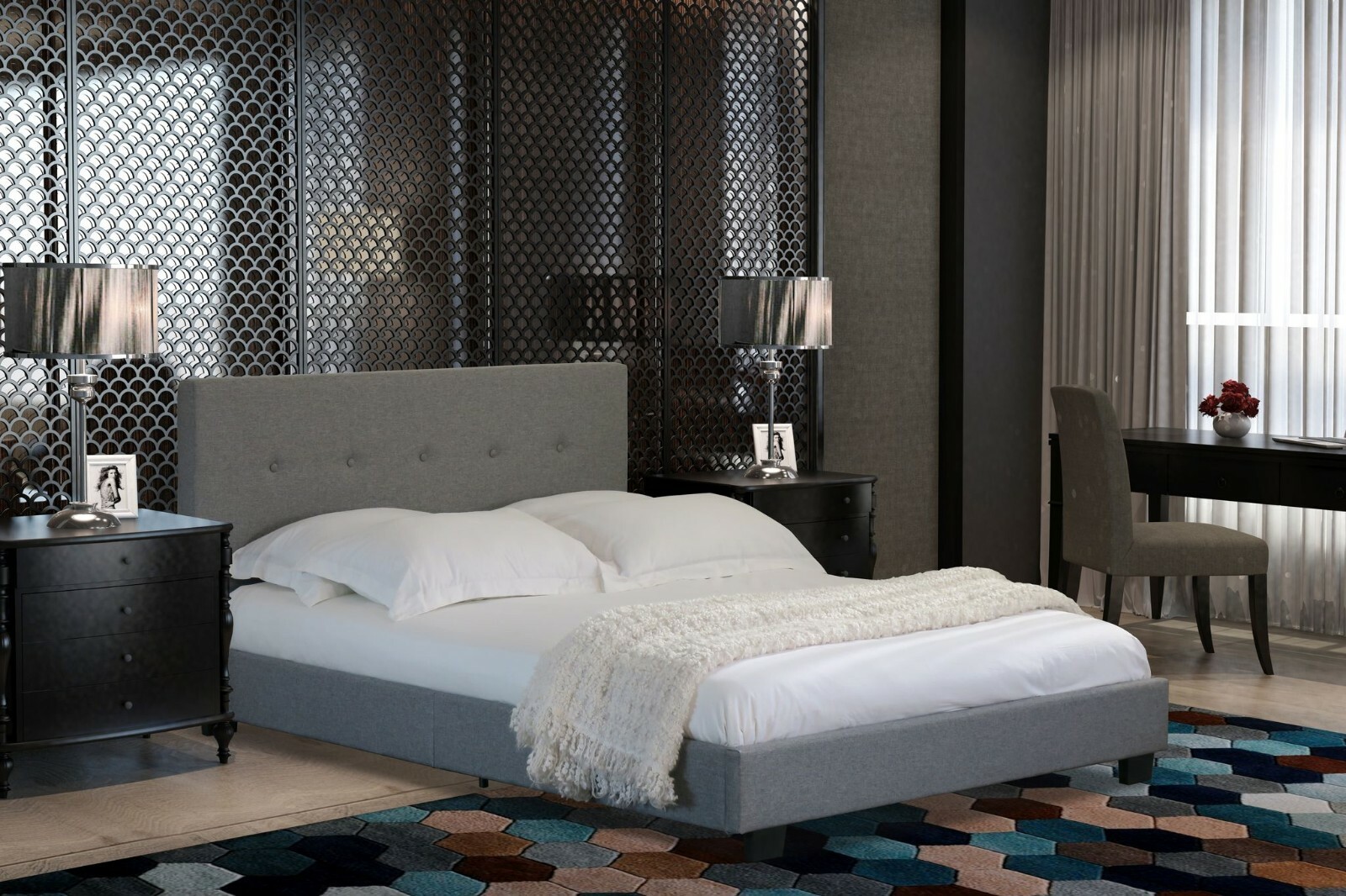 Double Bed Frame Padded Headboard Grey Sprung Mattress Upholstered ...