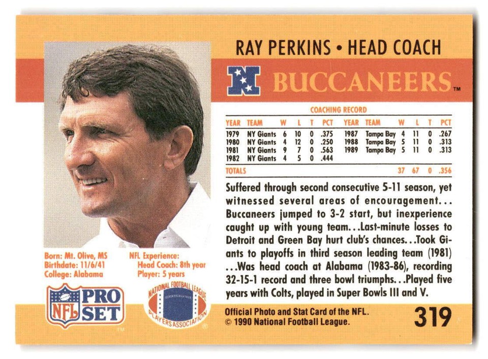 Ray Perkins 1990 Pro Set #319b Tampa Bay Buccaneers FOOTBALL | eBay