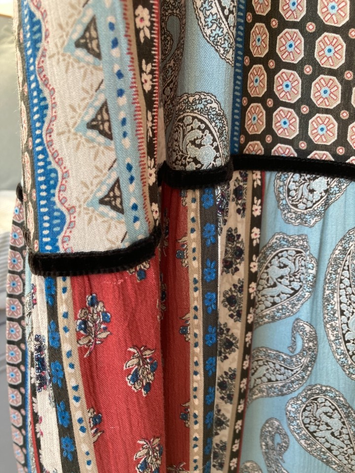 Monsoon Patchwork Bohemian Artisan Hippie Tiered Midi Dress 18 Velvet ...