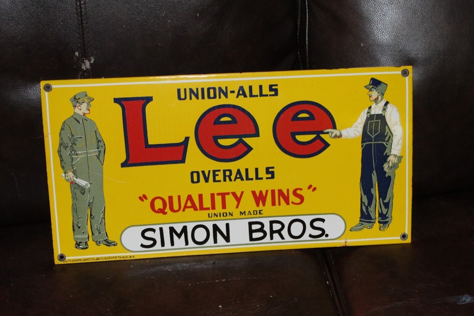 RARE LEE OVERALL UNION QUALITY WINS DEALER PORCELAIN METAL SIGN WORK ...