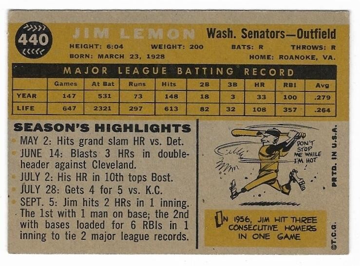 JIM LEMON 1960 Topps #440 Washington Senators SALE GOES TO GOOD CAUSE 🔥 ...