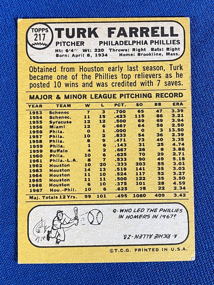 1968 Topps Turk Farrell Baseball Card #217 VG Philadelphia Phillies | eBay