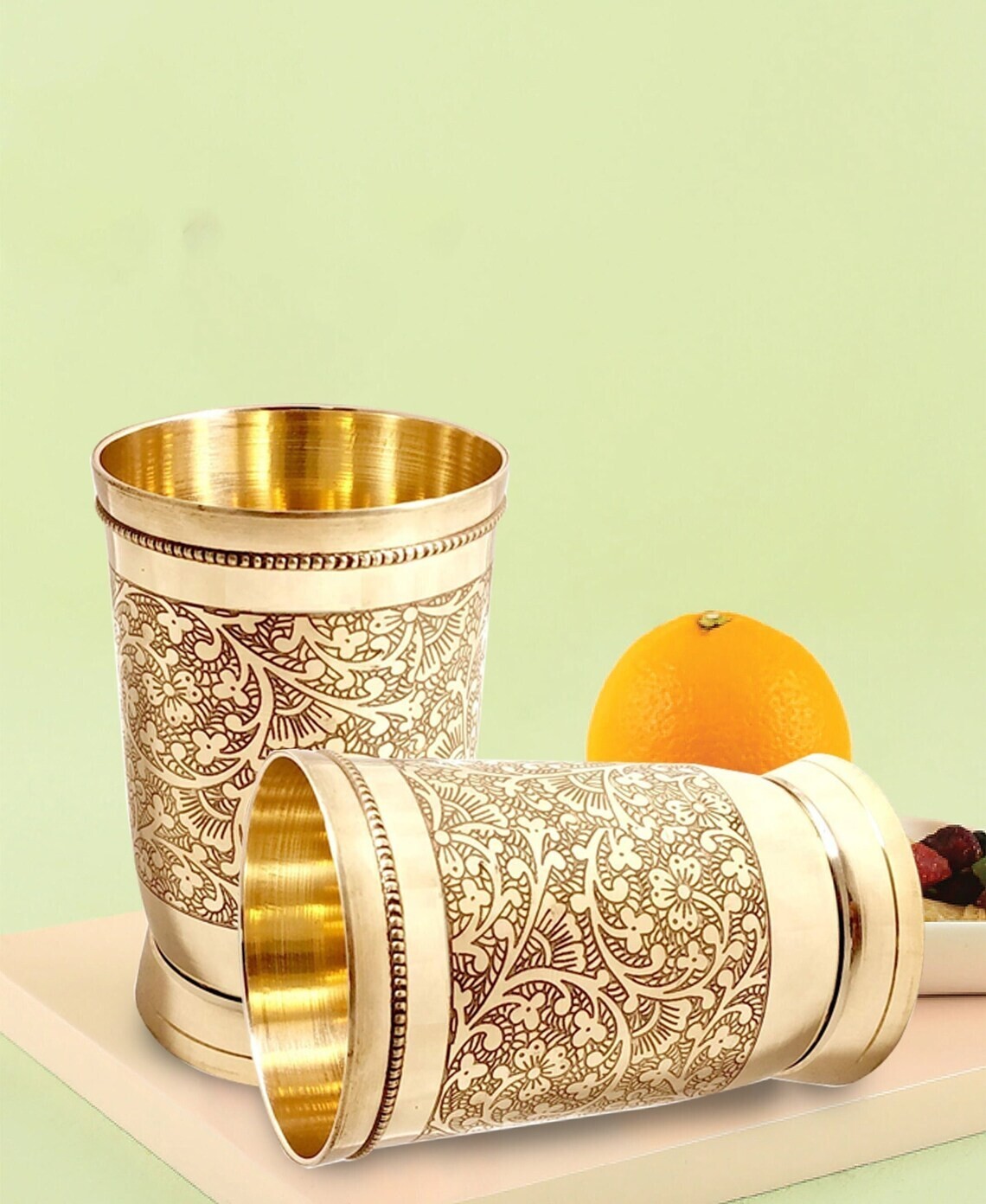 Indian Handmade Beautiful Engraved Floral Design Pure Brass Glass 2 ...