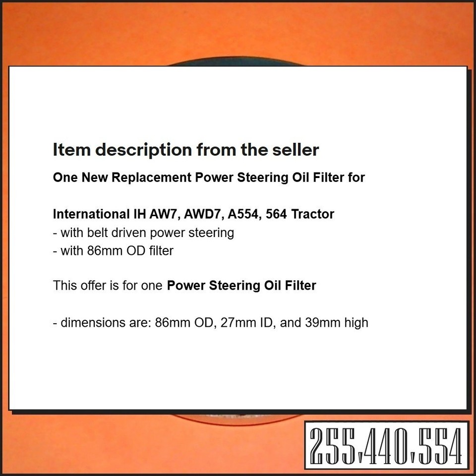 Power Steering Filter International IH AW7 AWD7 A554 564 Tractor - 86mm ...