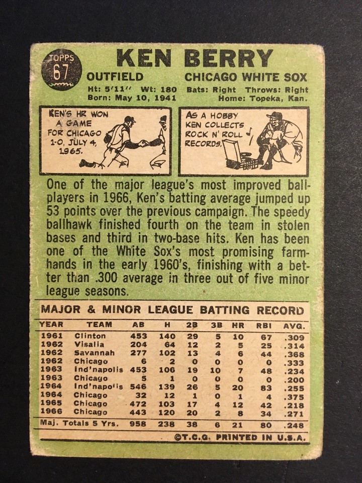 Ken Berry White Sox Signed 1967 Topps Baseball Card #67 Auto Autograph ...