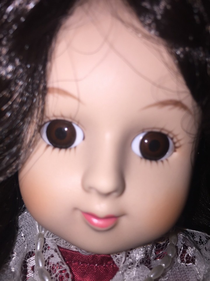Porcelain Doll Maroon Dress Black Hair Brown Eyes 17" | eBay