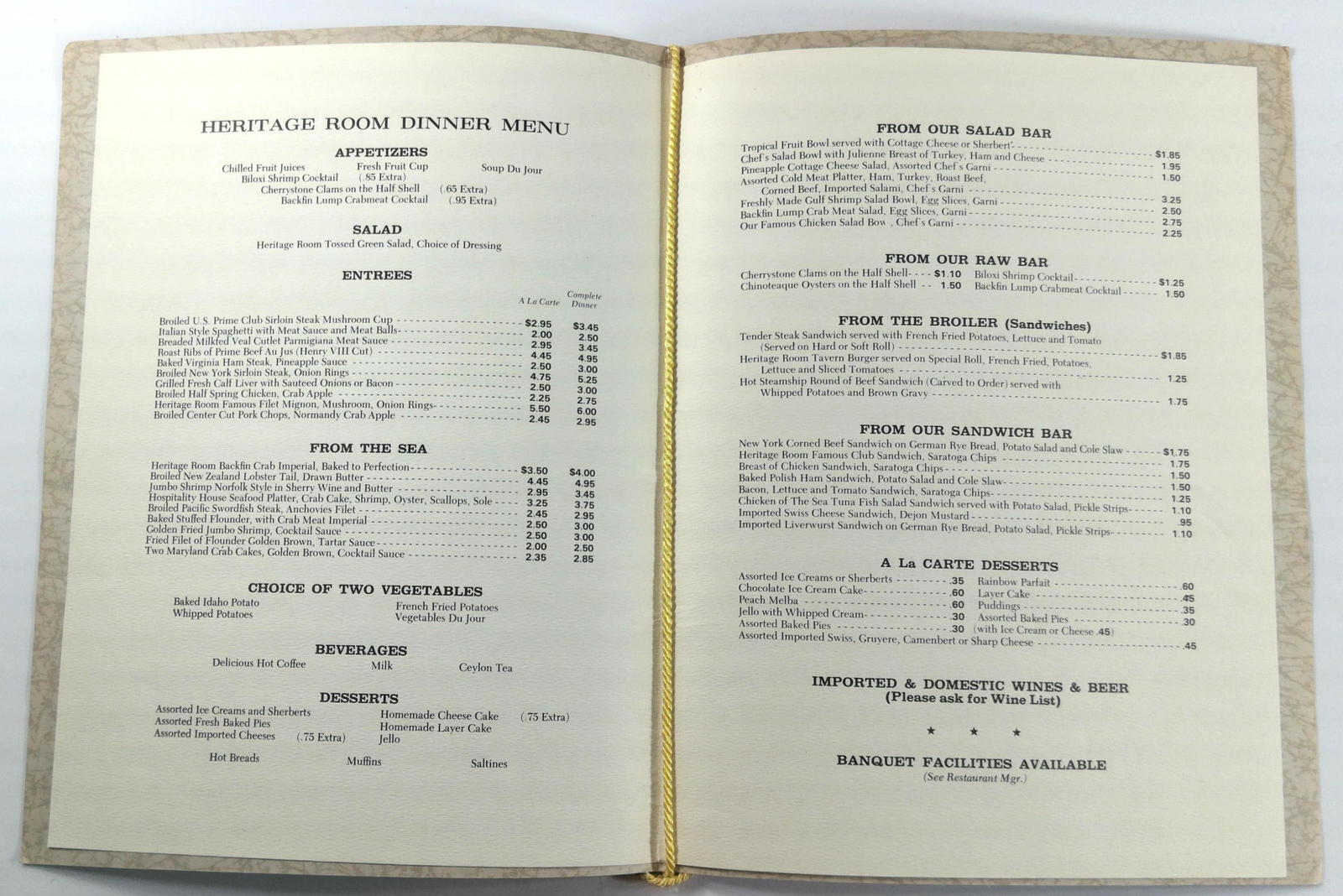 1960's THE HERITAGE ROOM Restaurant Original Vintage Menu Black Velvet ...