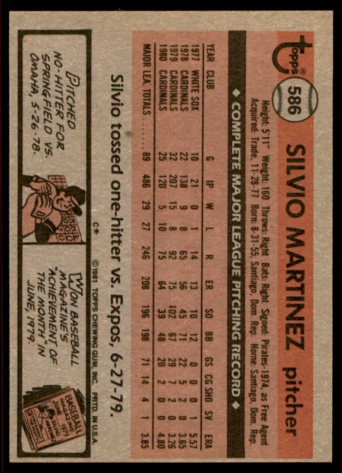 1981 Topps Baseball Silvio Martinez . St. Louis Cardinals #586 | eBay