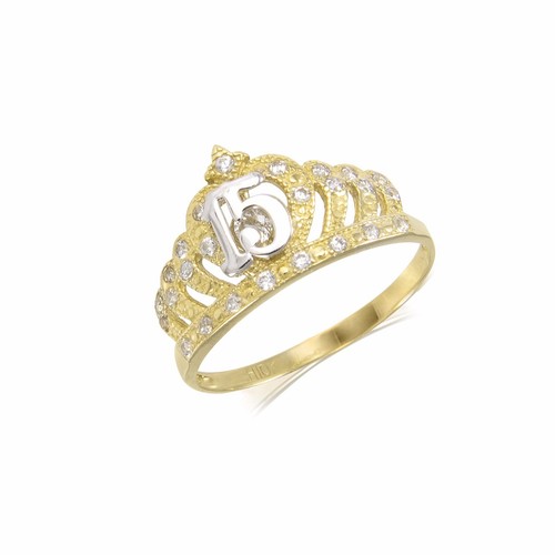 10K Solid Yellow Gold CZ Crown Sweet 15 Ring Quinceanera Anos Birthday ...