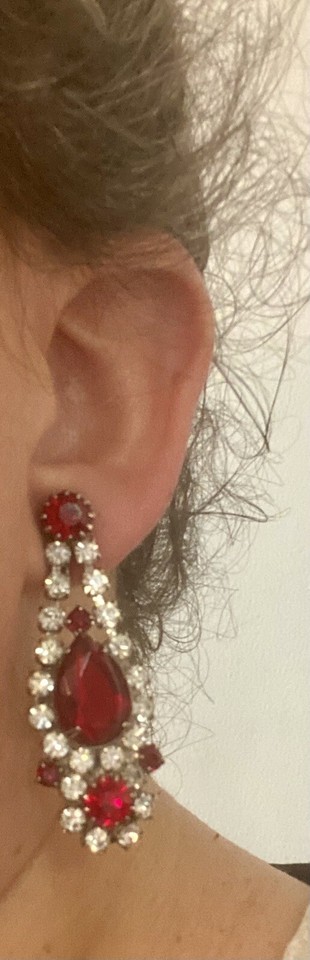 Vintage Ruby Red Rhinestone Dangle Clip Earrings Rare Unsigned Fab | eBay