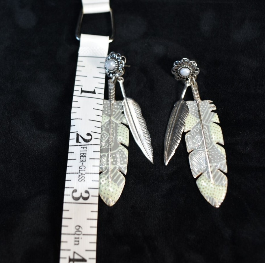 GAS BIJOUX EARRINGS SILVER PLATE DOUBLE FEATHER ENAMEL 3" BOHO ...