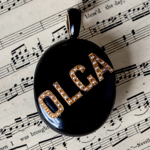 UNIQUE ANTIQUE ENGLISH WHITBY JET GOLD PEARL BABY MOURNING LOCKET 'OLGA ...