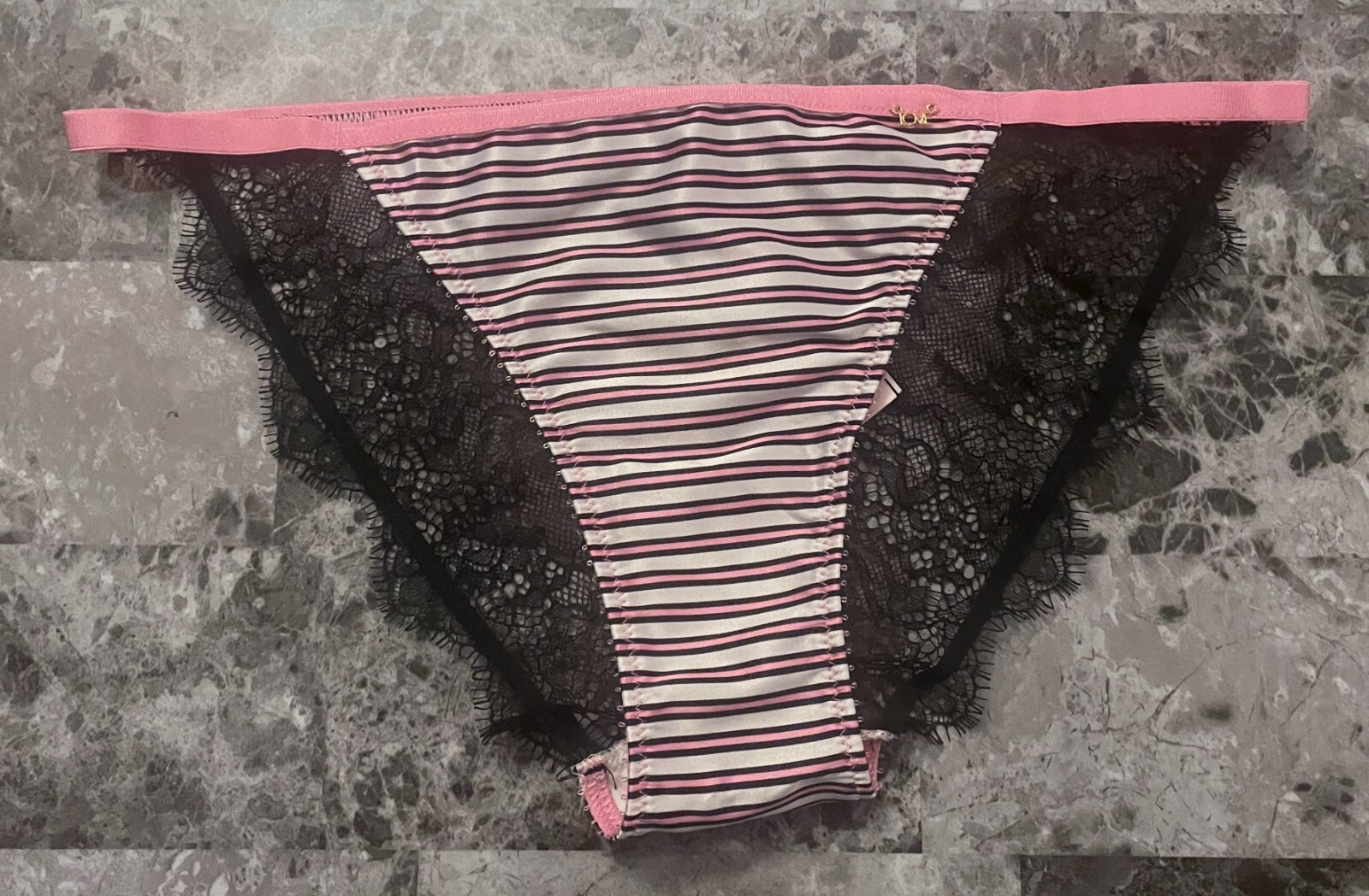 Nwt Victorias Secret S Satin Smooth Pink Stripe Lace Rare String 4951