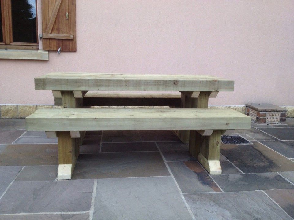 RUSTIC Solid Wooden Sleeper Outside Table And Benches /Garden Furniture ...