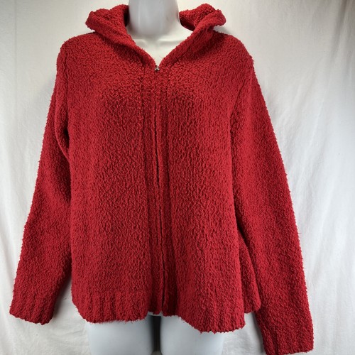 Columbia Sweater Jacket Womens Large Red Nubby Fleece Hood Zip Pockets ...