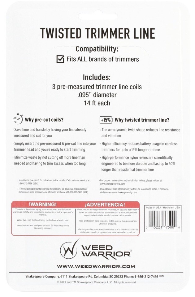 Weed Warrior Commercial Twisted Trimmer Line String 3 Coils .095" 14ft ...
