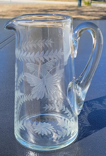 Beautiful Vintage Water Pitcher Cut Glass Etched Butterfly Daisy ...