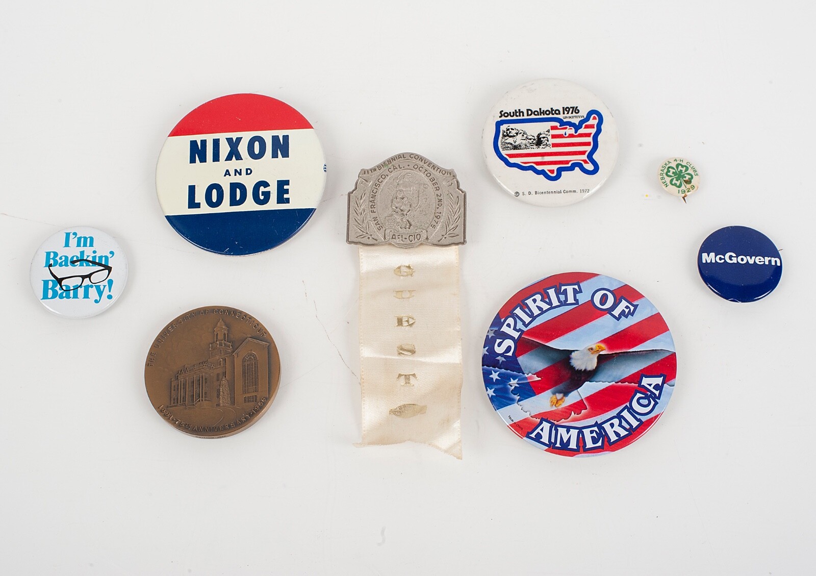 Vintage Pinbacks, 1929 4H Club 1975 AFL-CIO Ribbon , 1956 U. of ...