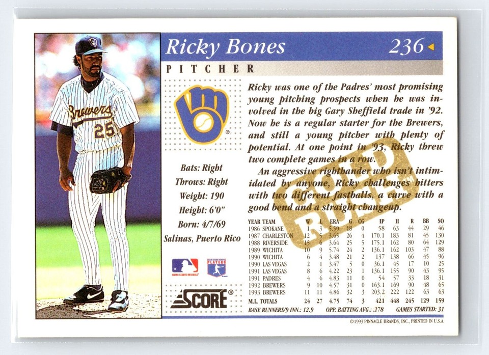 RICKY BONES 1994 Score Gold Rush Baseball Card #236 Milwaukee Brewers ...