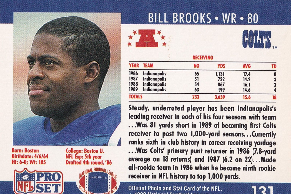 1990 Pro Set #131 Bill Brooks Indianapolis Colts + (Yes 4 Free Mystery ...