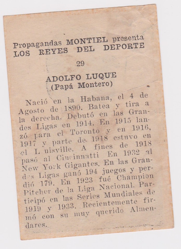 1946 Propagandas Montiel Cuban Dolf Luque Reds Giants Braves Negro ...