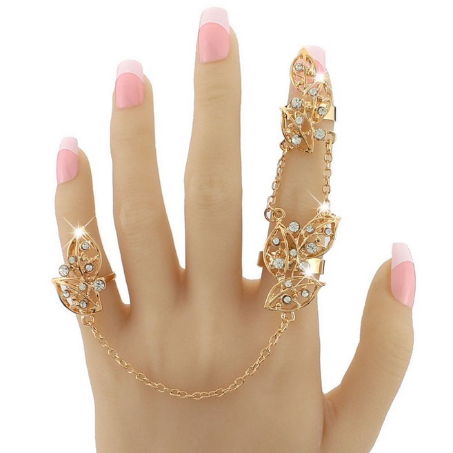 Fashion Charm Hollow Out Flower Leaf Full Finger Link Double Finger ...