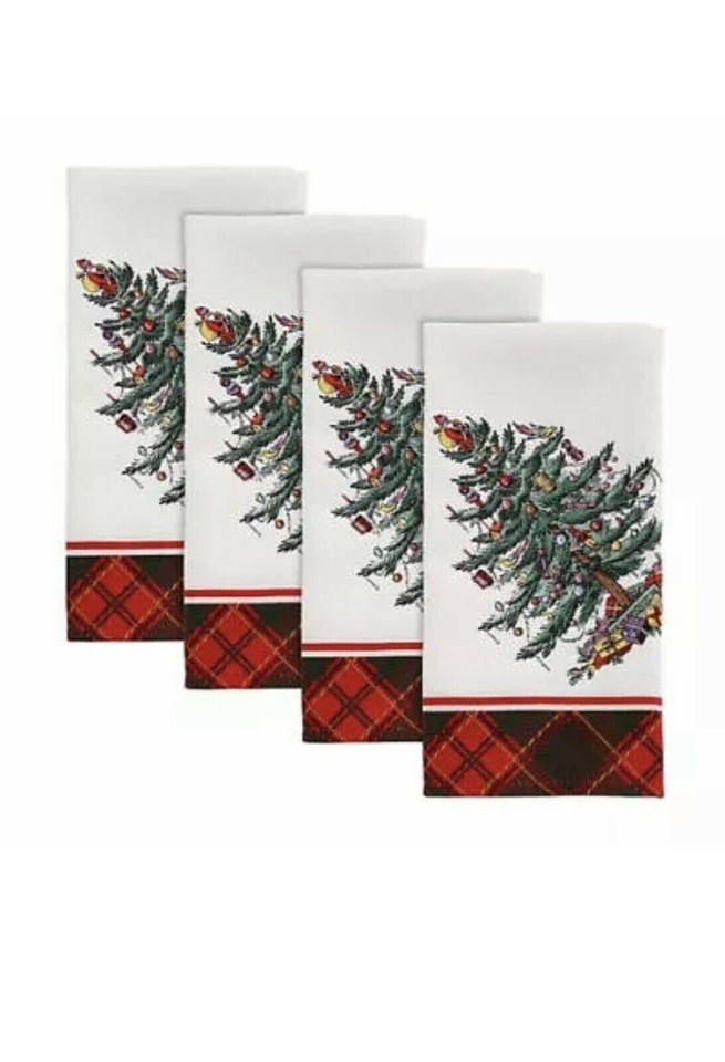 SPODE Christmas Tree Tartan Cloth Napkins SET OF 4 Plaid Border Holiday ...