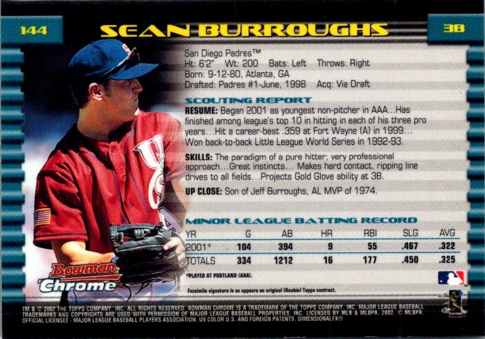 2002 Bowman Chrome #144 Sean Burroughs | eBay