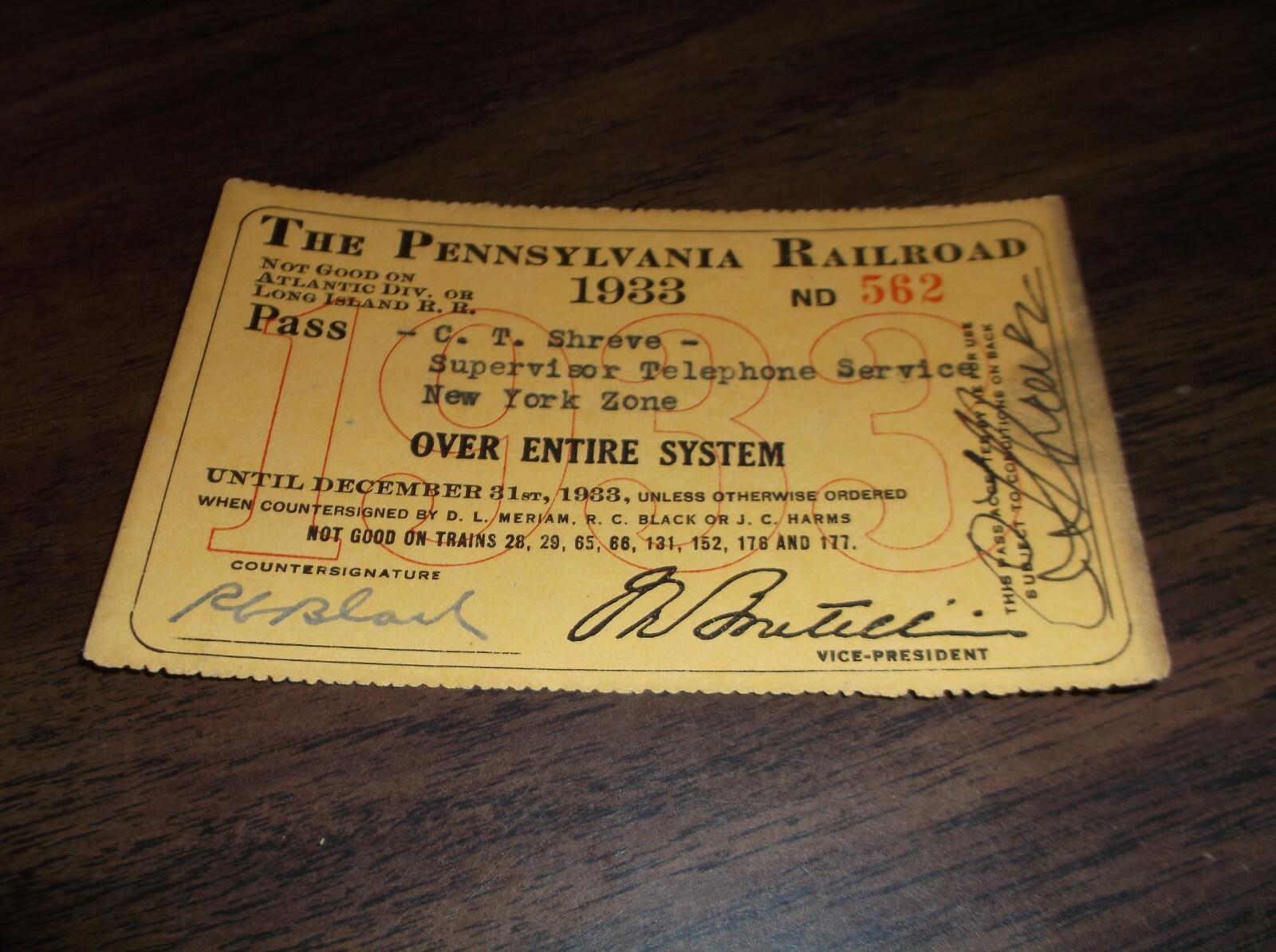1933 PENNSYLVANIA RAILROAD PRR EMPLOYEE SYSTEM PASS #562 | eBay