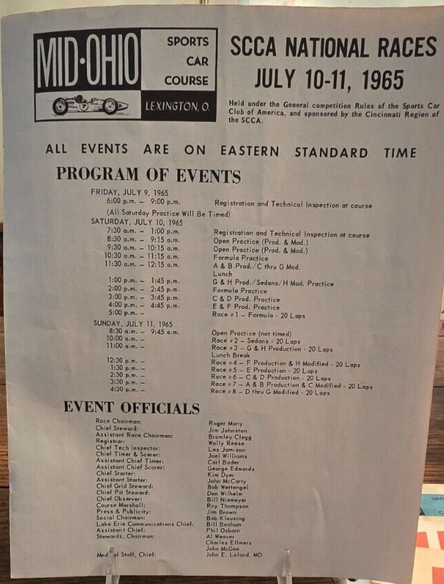 SCCA National Races Program Mid Ohio Sports Car Course July 10-11 1965 ...