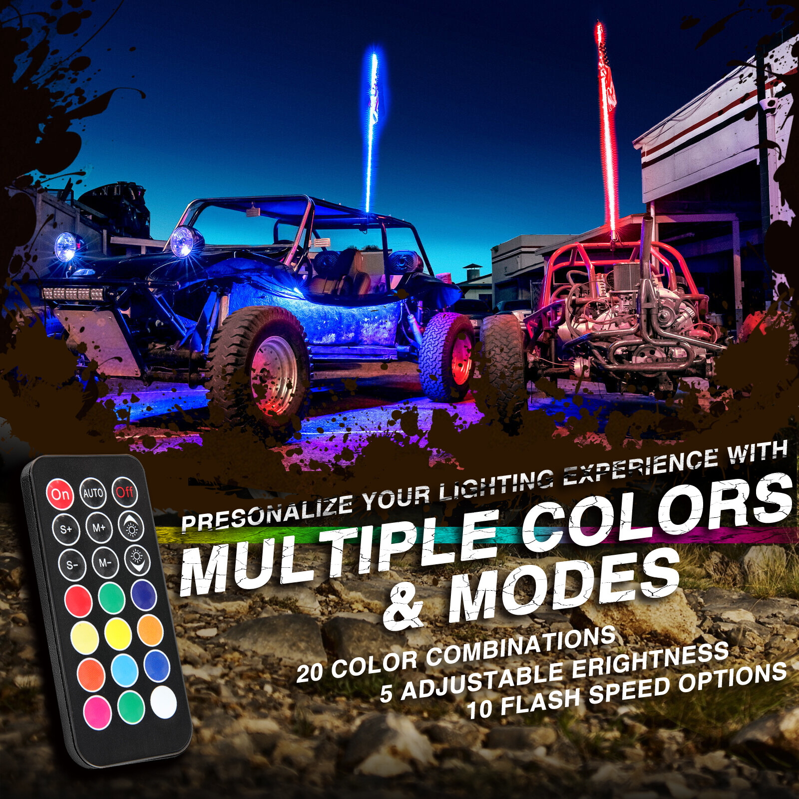 2x 1ft RGB Spiral LED Whip Lights Antenna Chase Bluetooth Remote for ...