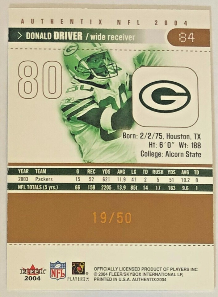 2004 Fleer Authentix Mezzanine Bronze 19/50 Donald Driver Card #84 | eBay