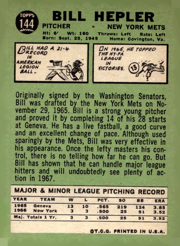 1967 Topps #144 Bill Hepler New York Mets NM-MT | eBay