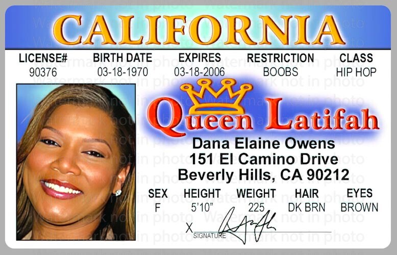 Queen Latifah Beverly Hills California CA License Card Novelty ID ...