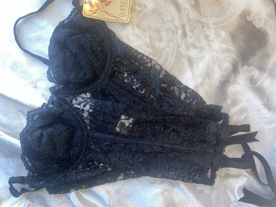 Vtg CORSET Merry Widow Bra Top FLORAL LACE Bow metal bone in GARTERS 40 ...