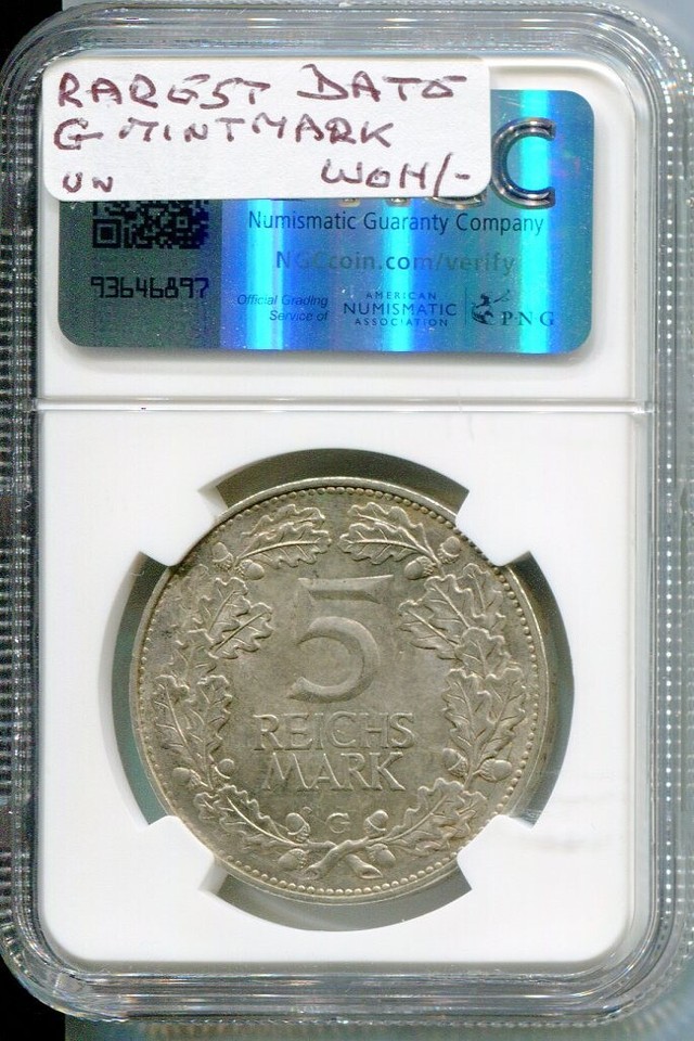 GERMANY 1925G 5 MARK RHINELAND NGC MS61 RARESTV DATE G MM | eBay