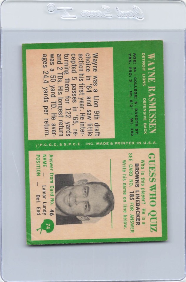 1966 Philadelphia #74 Wayne Rasmussen Lions EX *DA-C8630 | eBay