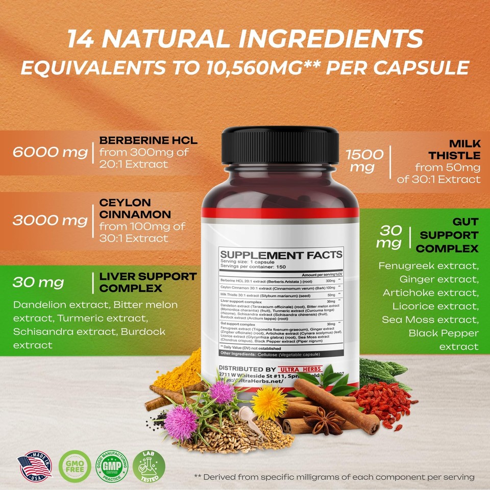 ULTRA HERBS Premium Berberine 12,200MG with Cinnamon, Milk Thistle *USA ...
