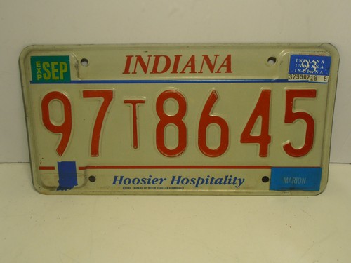 1993 Indiana License Plate 97T8645 Red on White Expired 9/31/1993 ...